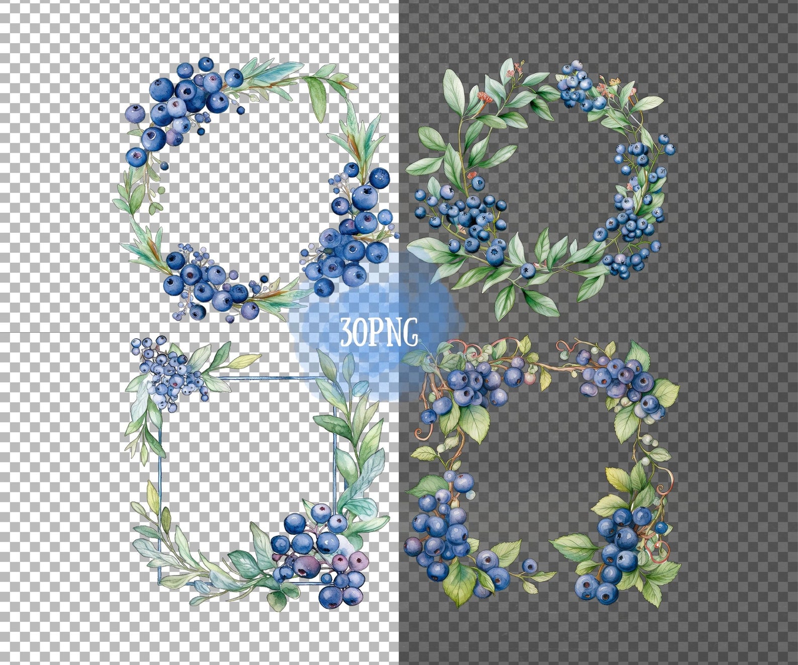 Blueberry Watercolor Clipart, Decorative Frame, Line, Leaf, Fruit ...