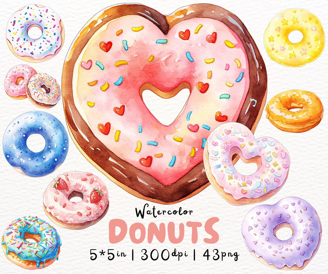 Pastel Watercolor Donut PNG Clipart Bundle Heart and Round Sprinkle ...