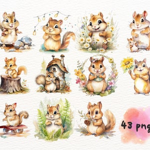 Chubby Chipmunk Watercolor Clipart - Cute Kawaii Cartoon Chipmunks ...
