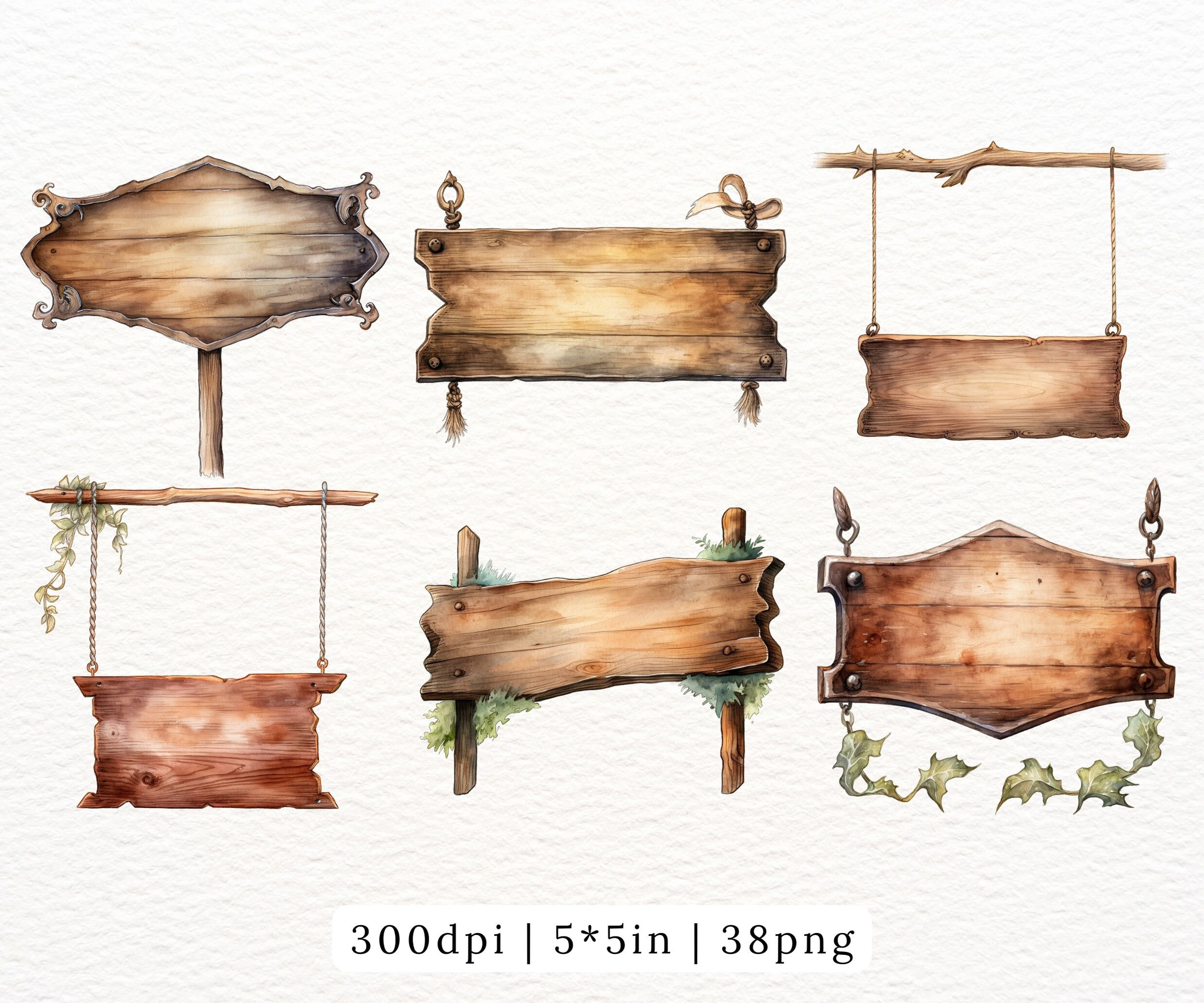 Watercolor Wooden Signs Clipart, Vintage Village Rustic Road and Door ...
