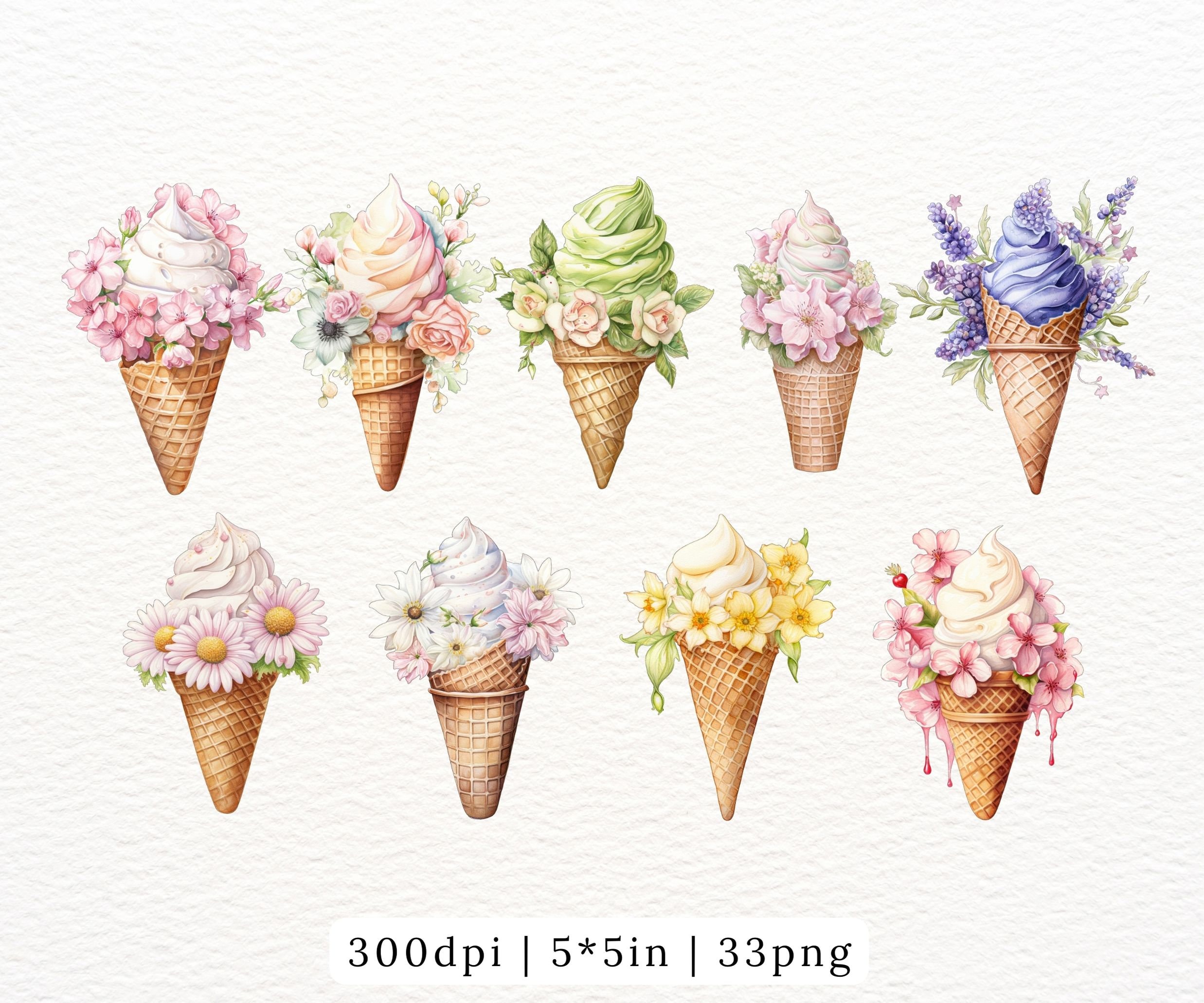 Watercolor Ice Cream Cone Clipart, Ice Cream With Flowers,plants,pastel ...