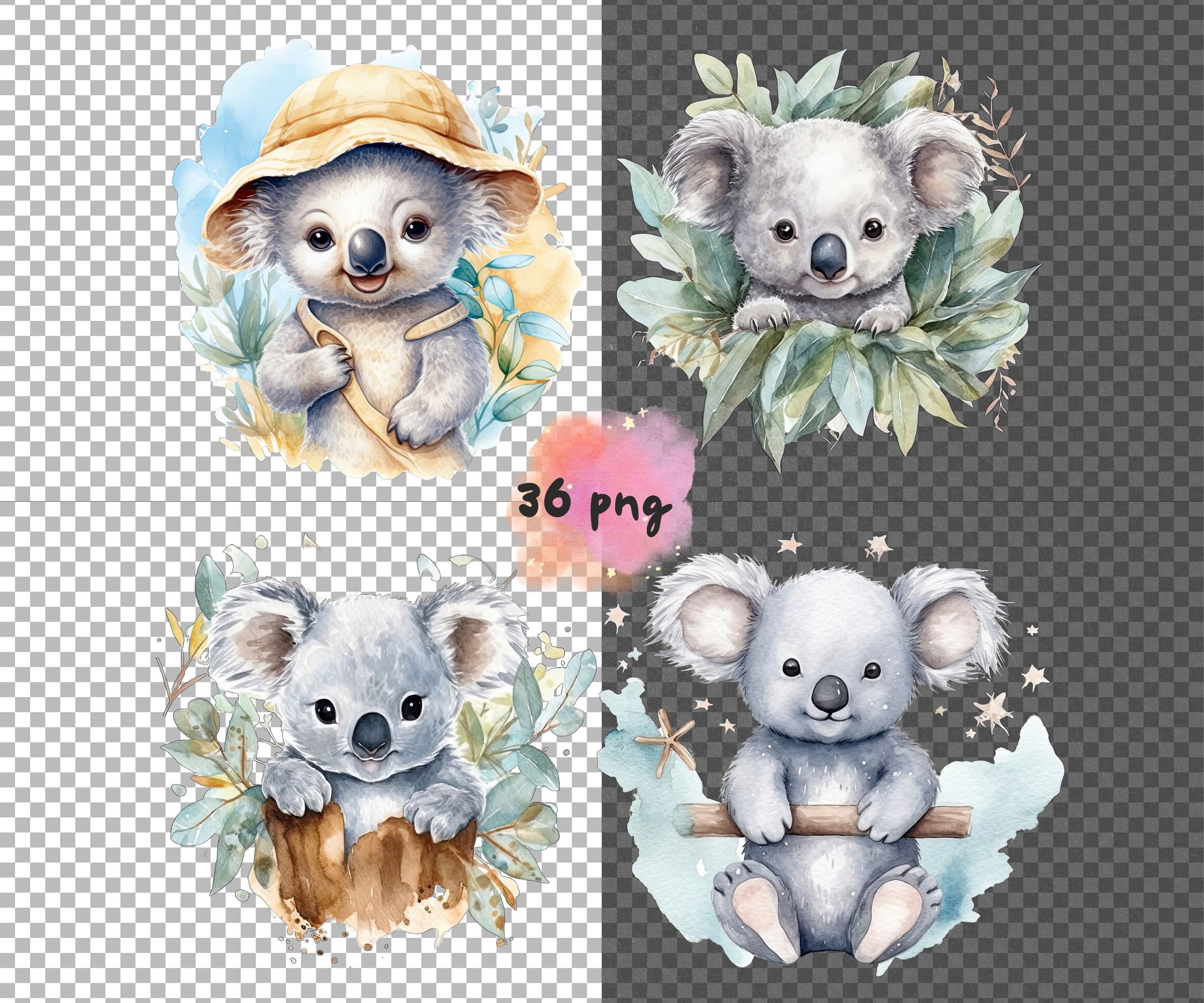Chubby Koalas Watercolor Clipart - Cute Kawaii Cartoon Koalas, Baby ...