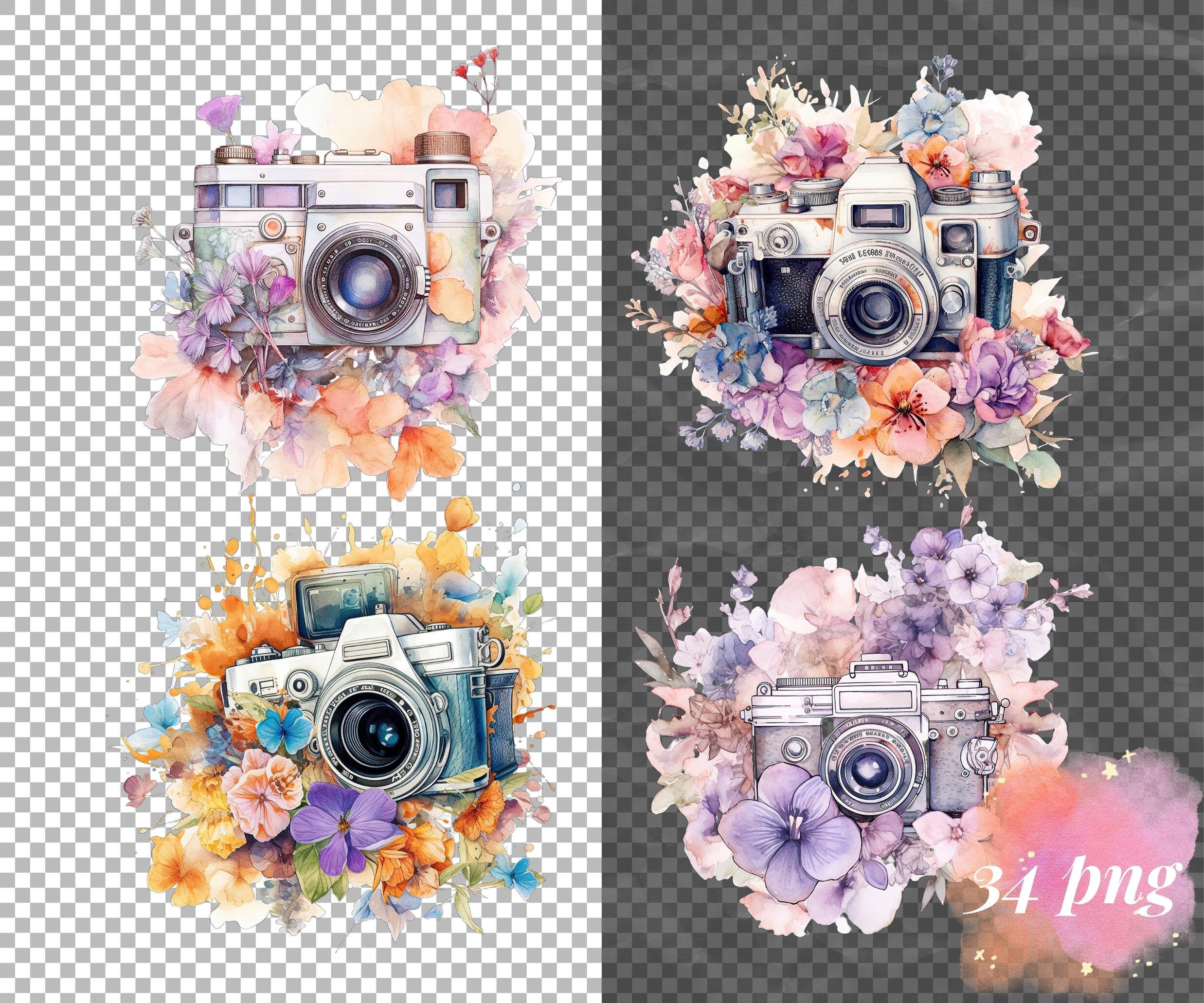Watercolor Camera Clipart Set of 34 Pngs,vintage Cameras Adorned With ...
