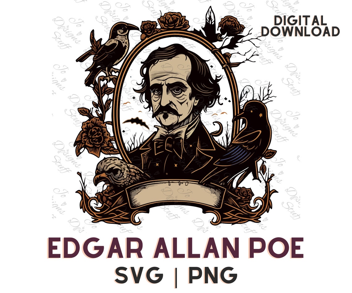 Edgar Allan Poe Svg, Cartoon Edgar Allan Poe Clipart Vector With Raven ...