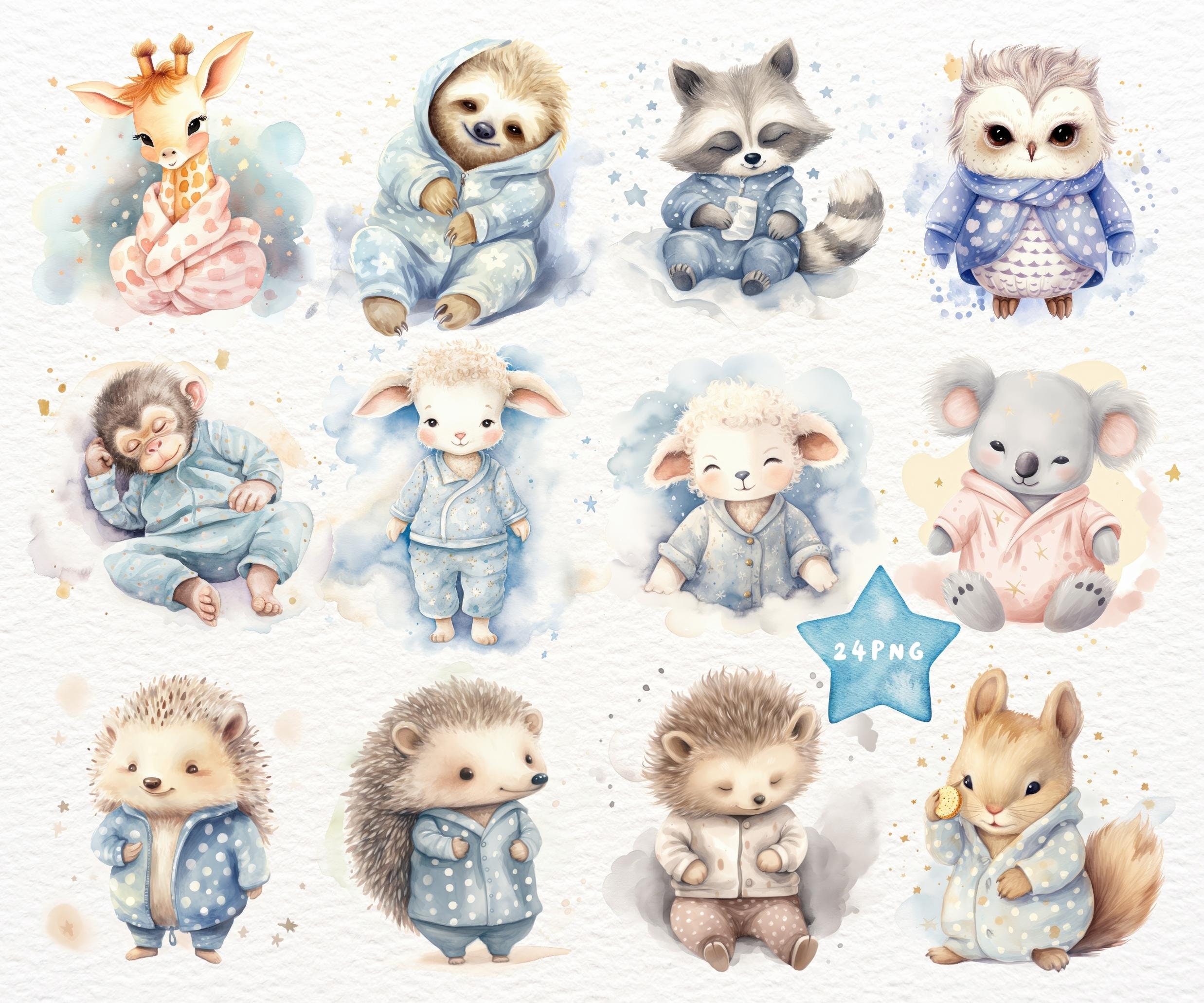 Watercolor Baby Animals in Pajamas Clipart, Chubby Cute Animal Png ...