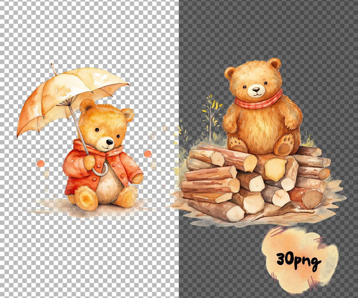 Autumn Bear Clipart Kawaii Cartoon Cuddly Bear With Fall - Etsy