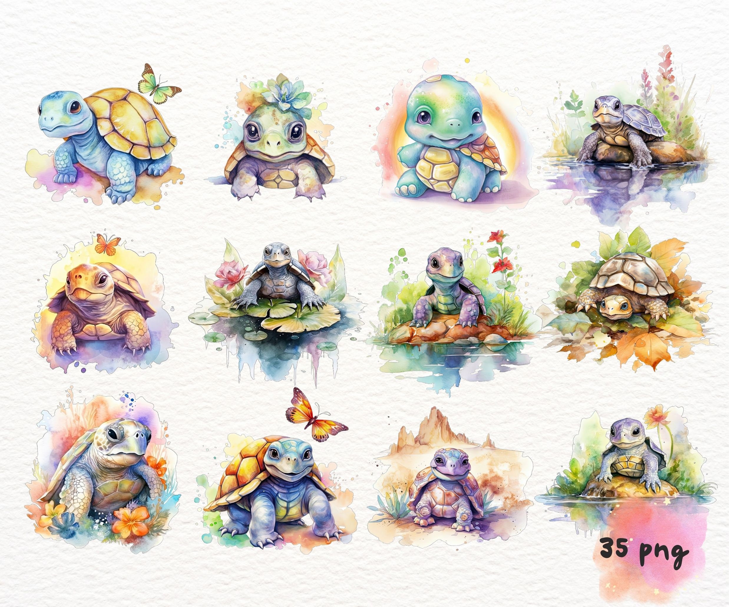 Chubby Turtles Watercolor Clipart Cute Kawaii Cartoon Turtles, Baby ...