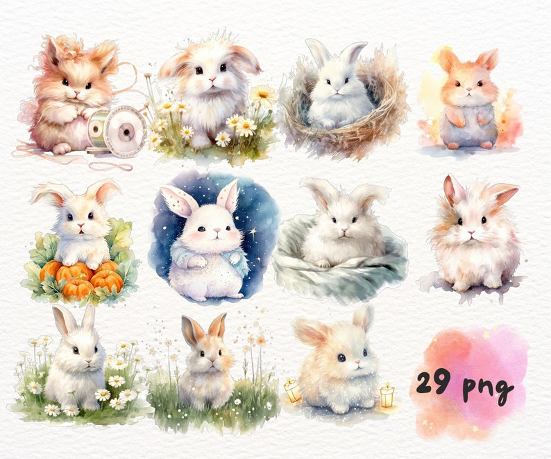 Watercolor Bunny Clipart Cute Baby Rabbit PNG Set for Nursery Decor ...