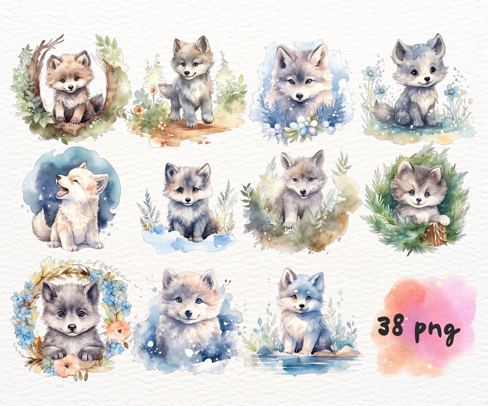 Chubby Baby Wolf Watercolor Clipart - Cute Kawaii Cartoon Puppy Wolves ...