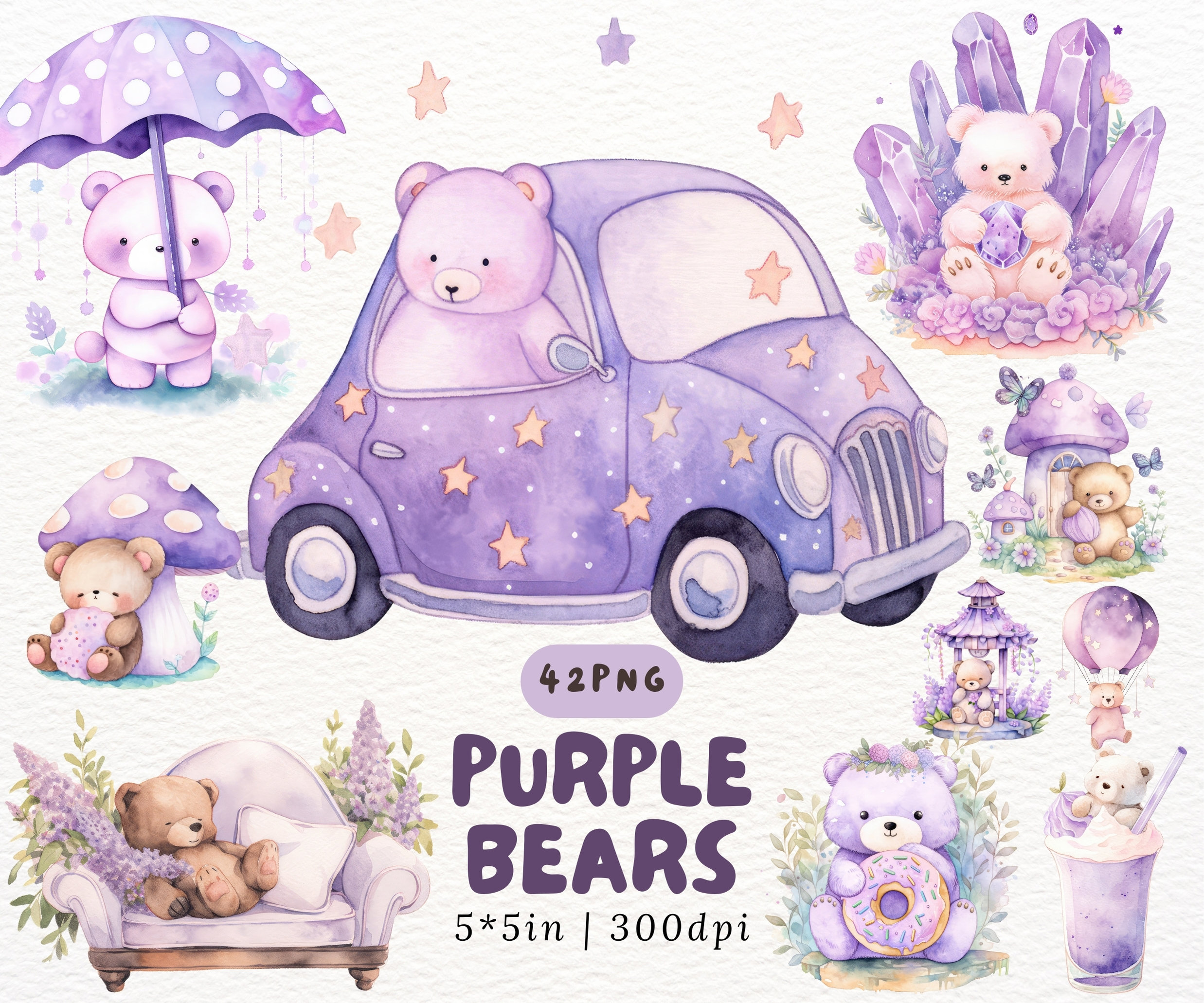 Purple Bear Clipart, Kawaii Cartoon Cuddly Bear, Watercolor Pastel Baby ...