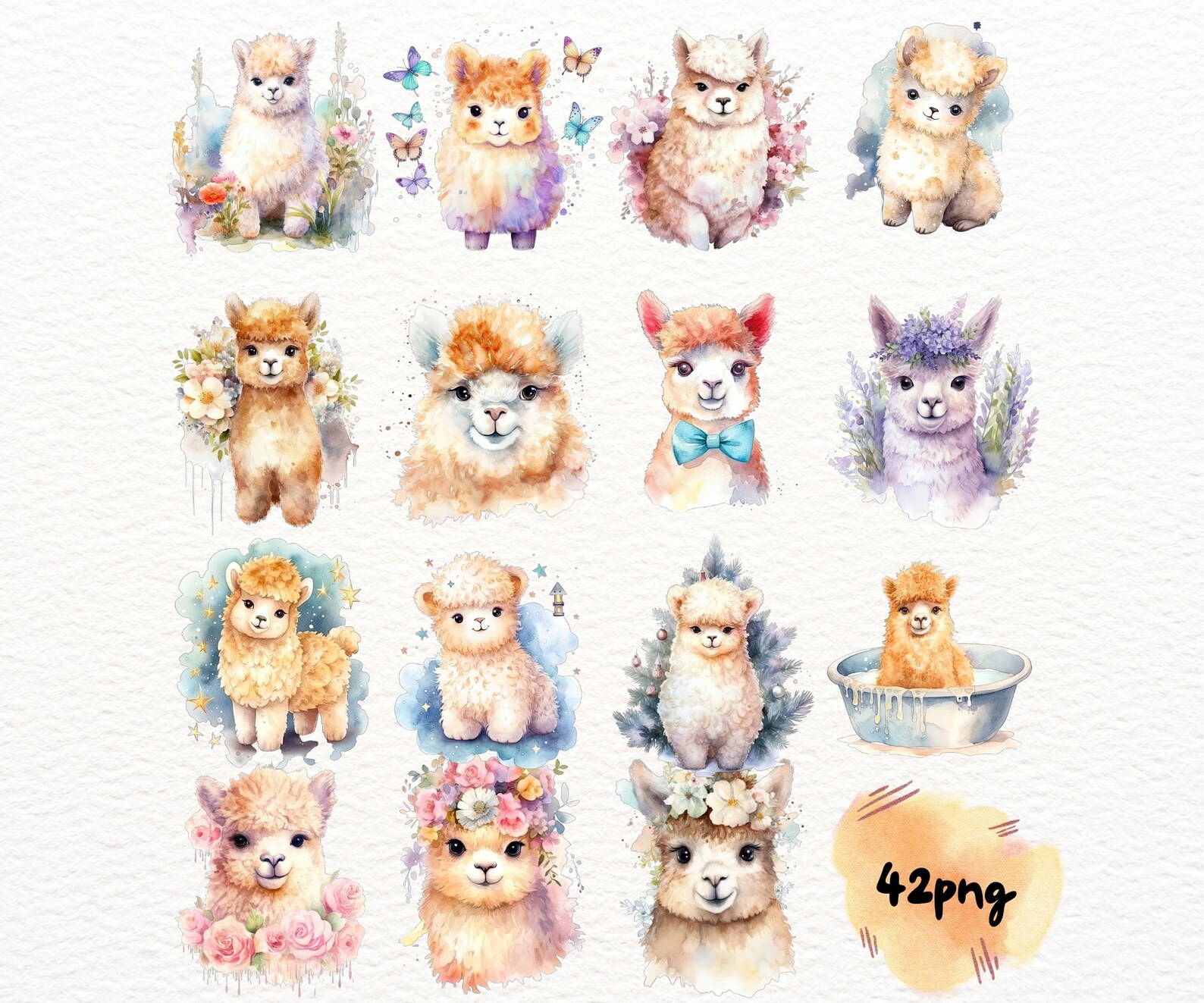 Chubby Alpaca Watercolor Clipart Cute Kawaii Cartoon Alpacas, Baby ...