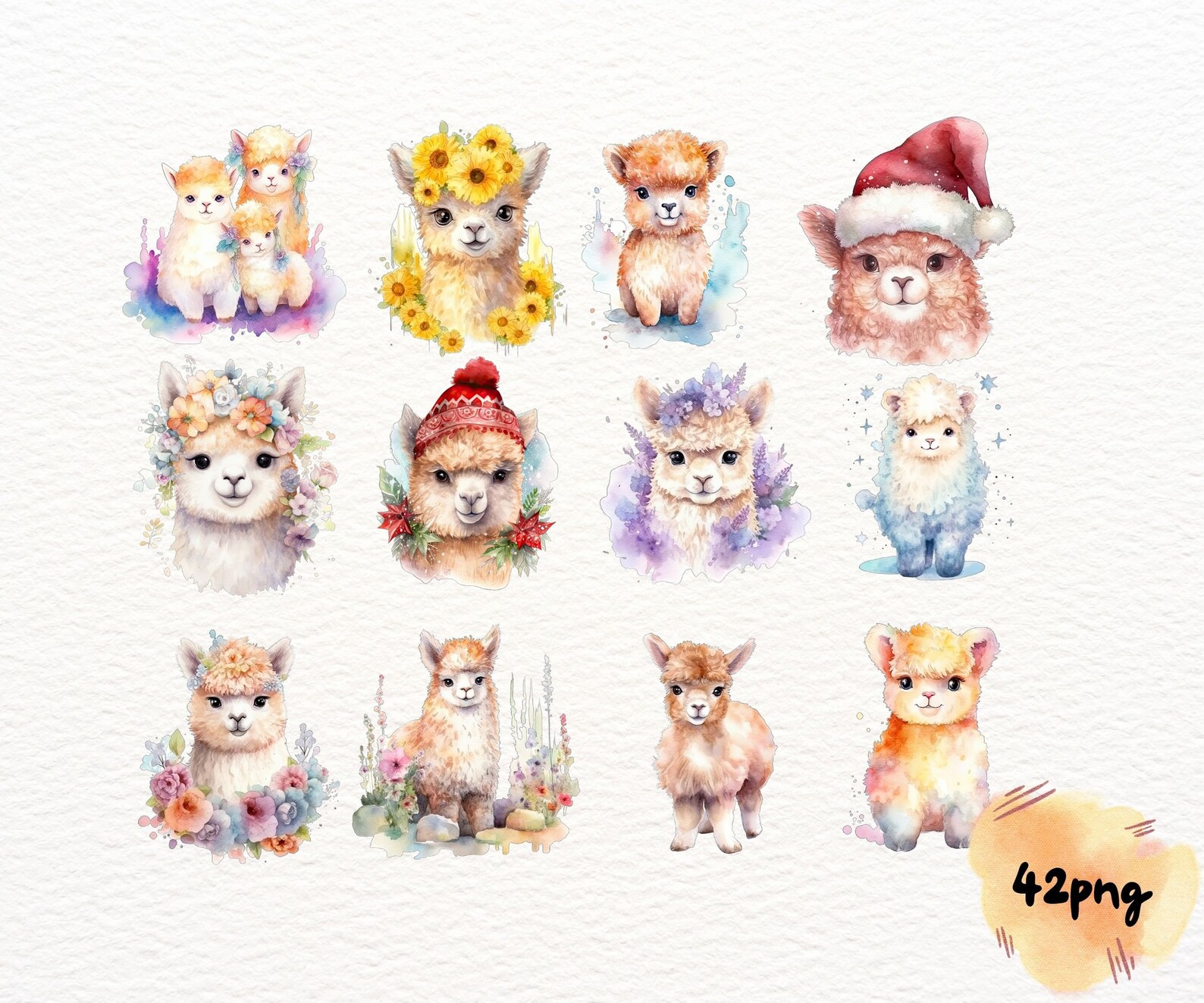 Chubby Alpaca Watercolor Clipart Cute Kawaii Cartoon Alpacas, Baby ...