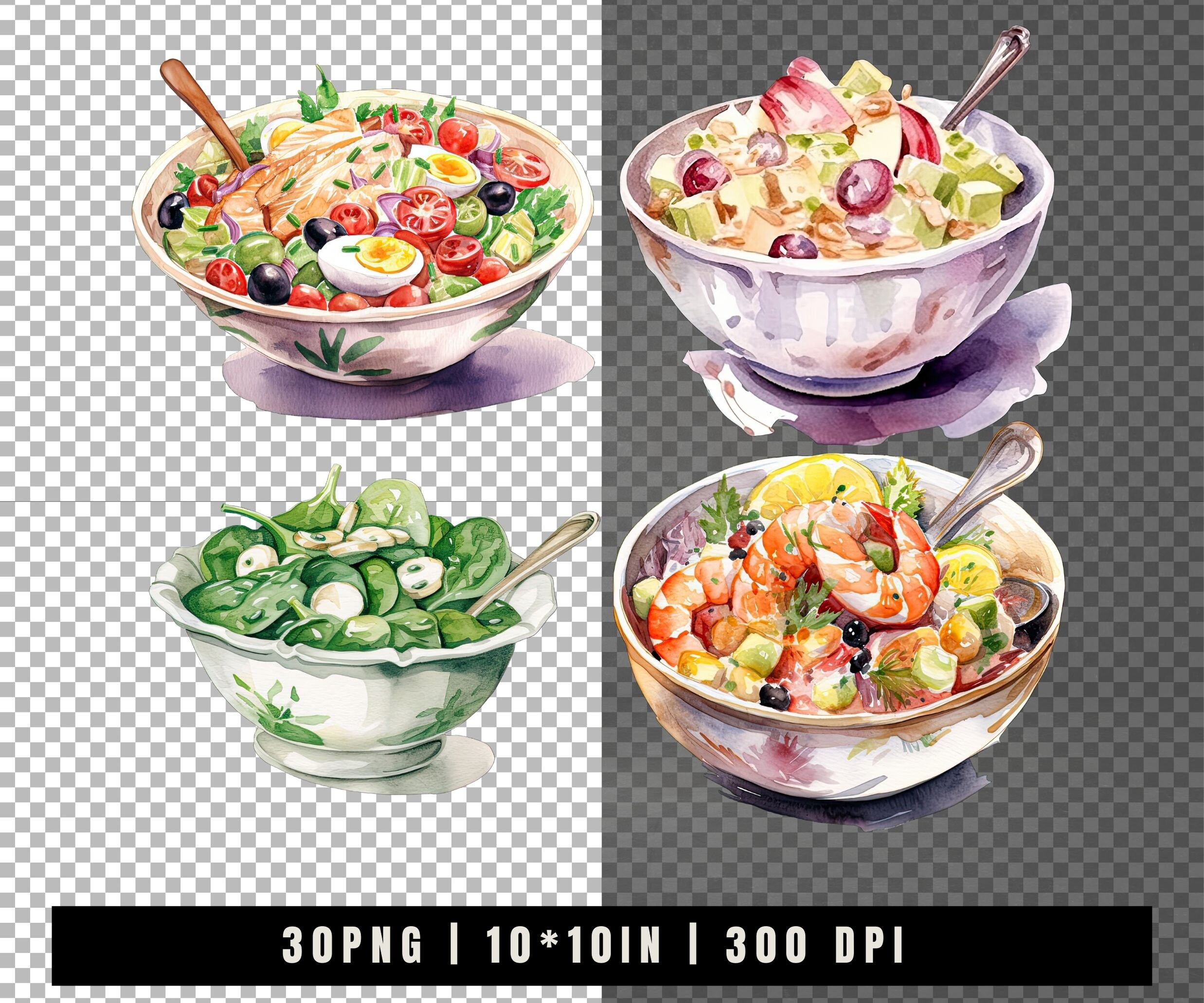Salad Bowl Clipart Collection, Watercolor Salad Variety Pack, Caesar ...