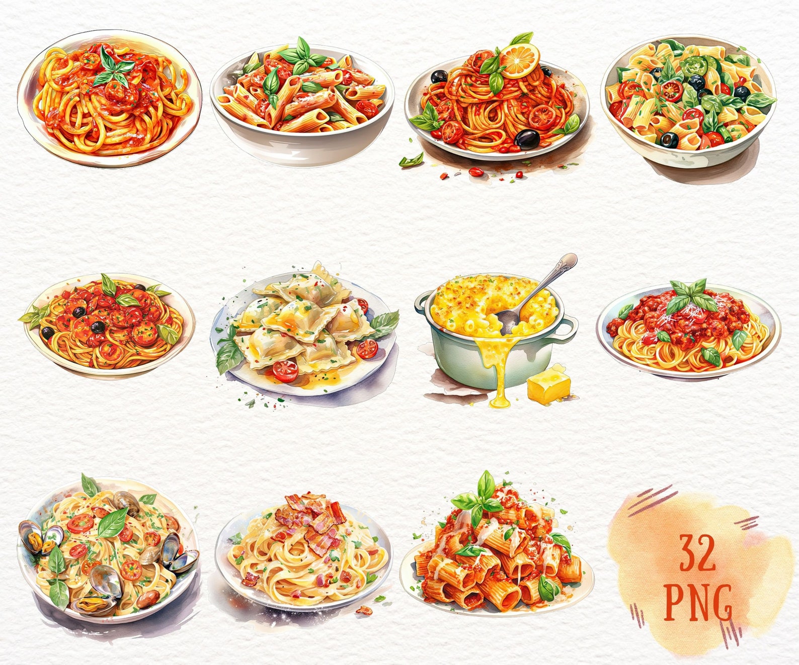 Pasta Watercolor Clipart, Pasta Machine, Ravioli, Penne Rigate, Fusilli ...