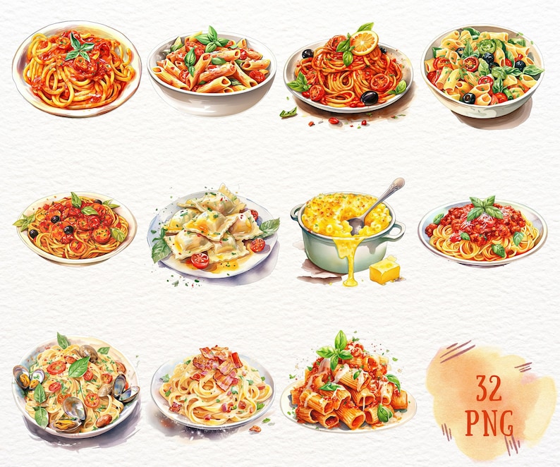 Pasta Watercolor Clipart, Pasta Machine, Ravioli, Penne Rigate, Fusilli ...