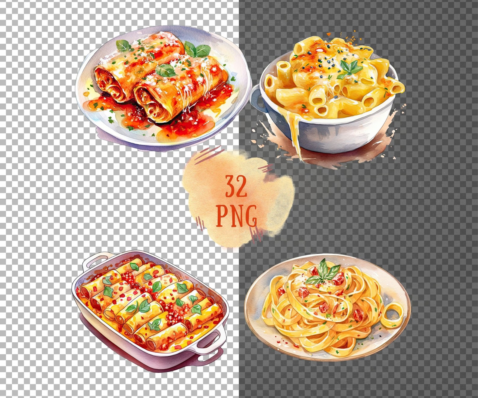 Pasta Watercolor Clipart, Pasta Machine, Ravioli, Penne Rigate, Fusilli ...