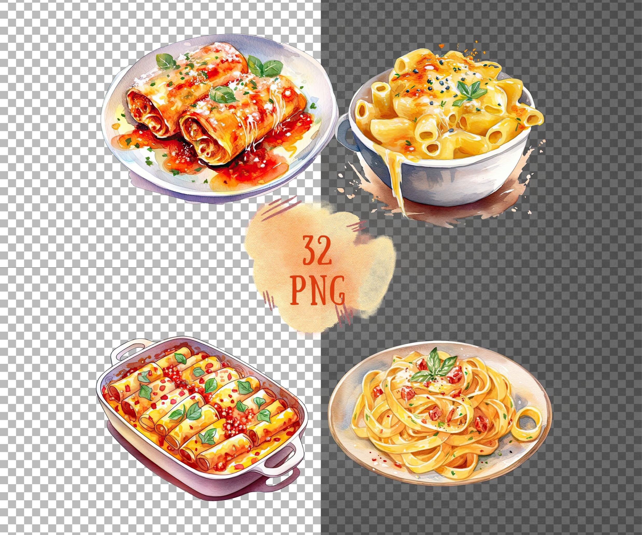 Pasta Watercolor Clipart, Pasta Machine, Ravioli, Penne Rigate, Fusilli ...