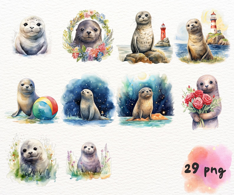 Chubby Seals Watercolor Clipart - Cute Kawaii Cartoon Pinnipeds, Baby ...