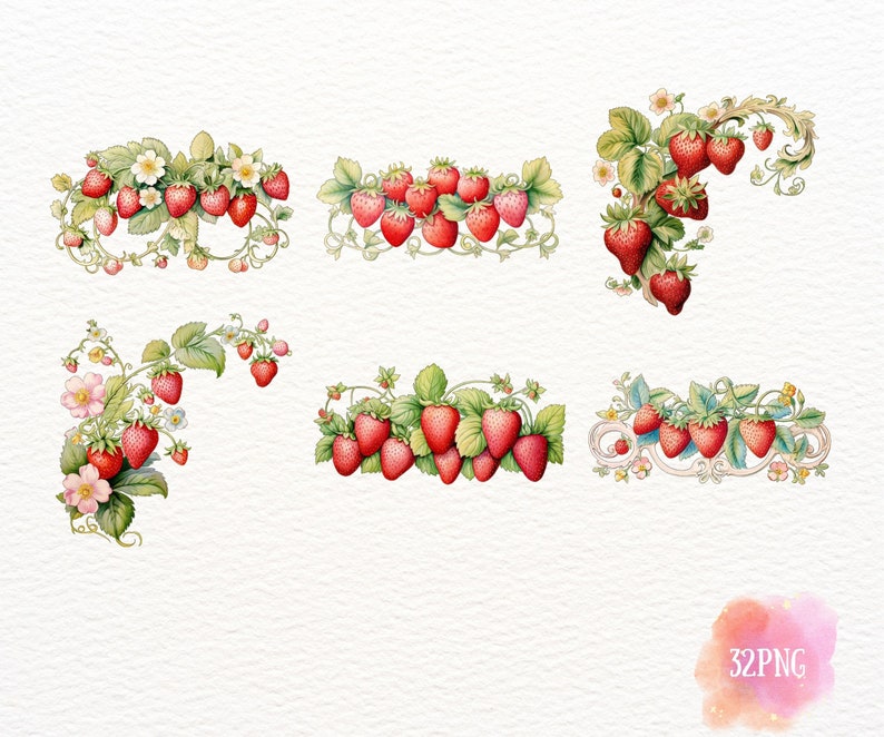 Strawberry Watercolor Clipart, Decorative Frame, Line, Leaf, Fruit ...