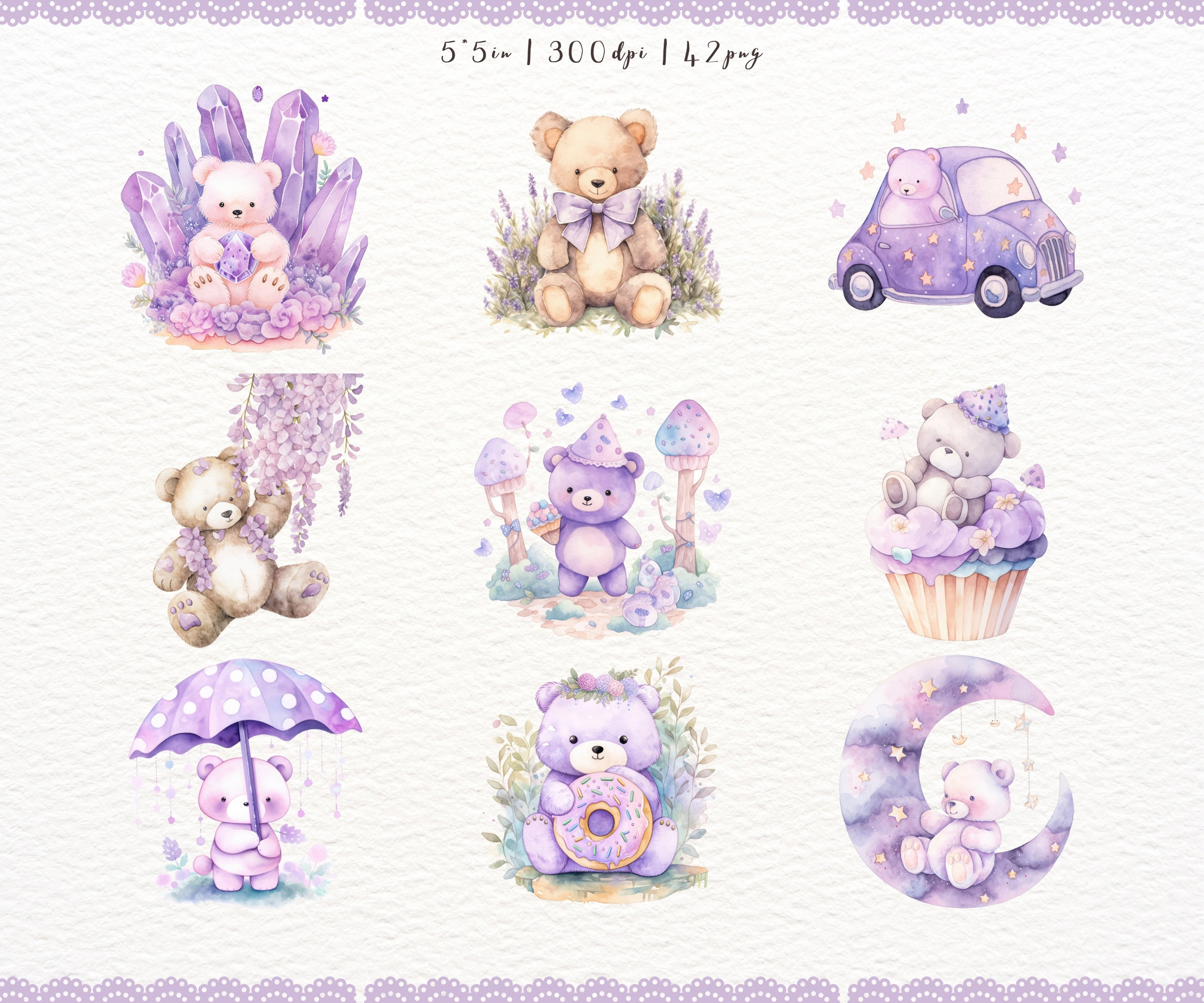 Purple Bear Clipart, Kawaii Cartoon Cuddly Bear, Watercolor Pastel Baby ...