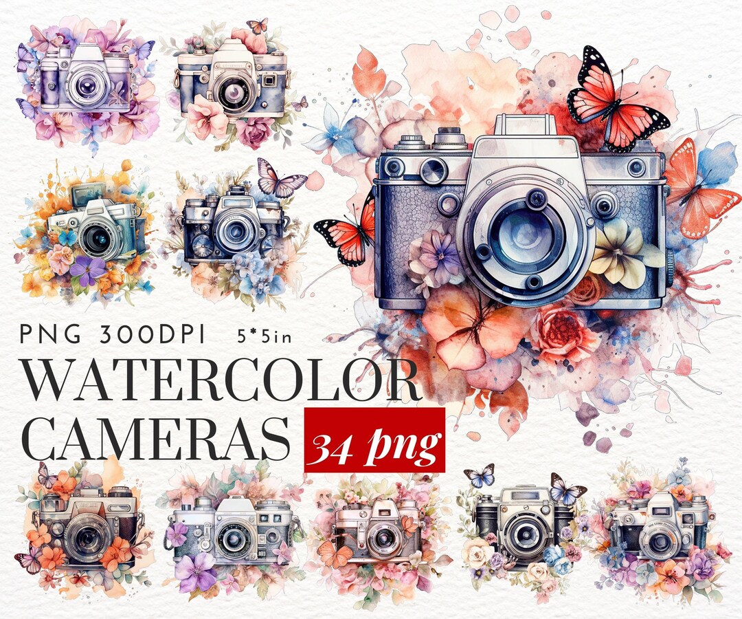 Watercolor Camera Clipart Set of 34 Pngsvintage Cameras - Etsy