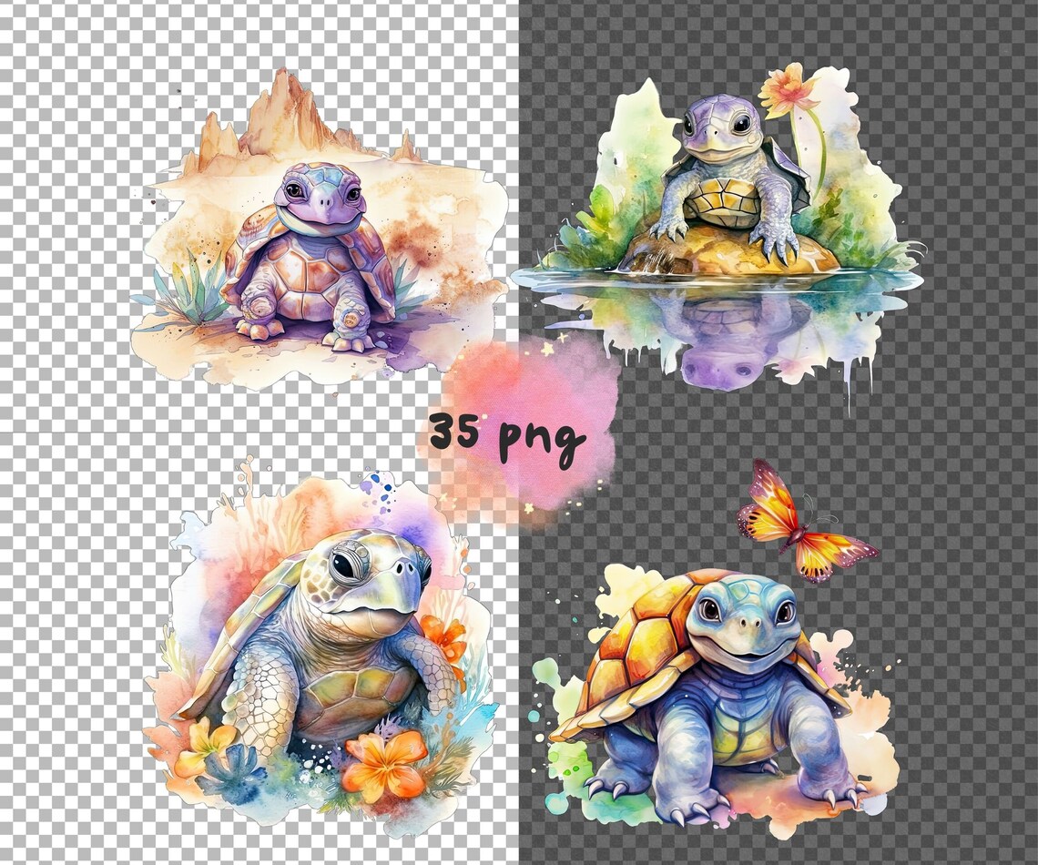 Chubby Turtles Watercolor Clipart Cute Kawaii Cartoon - Etsy
