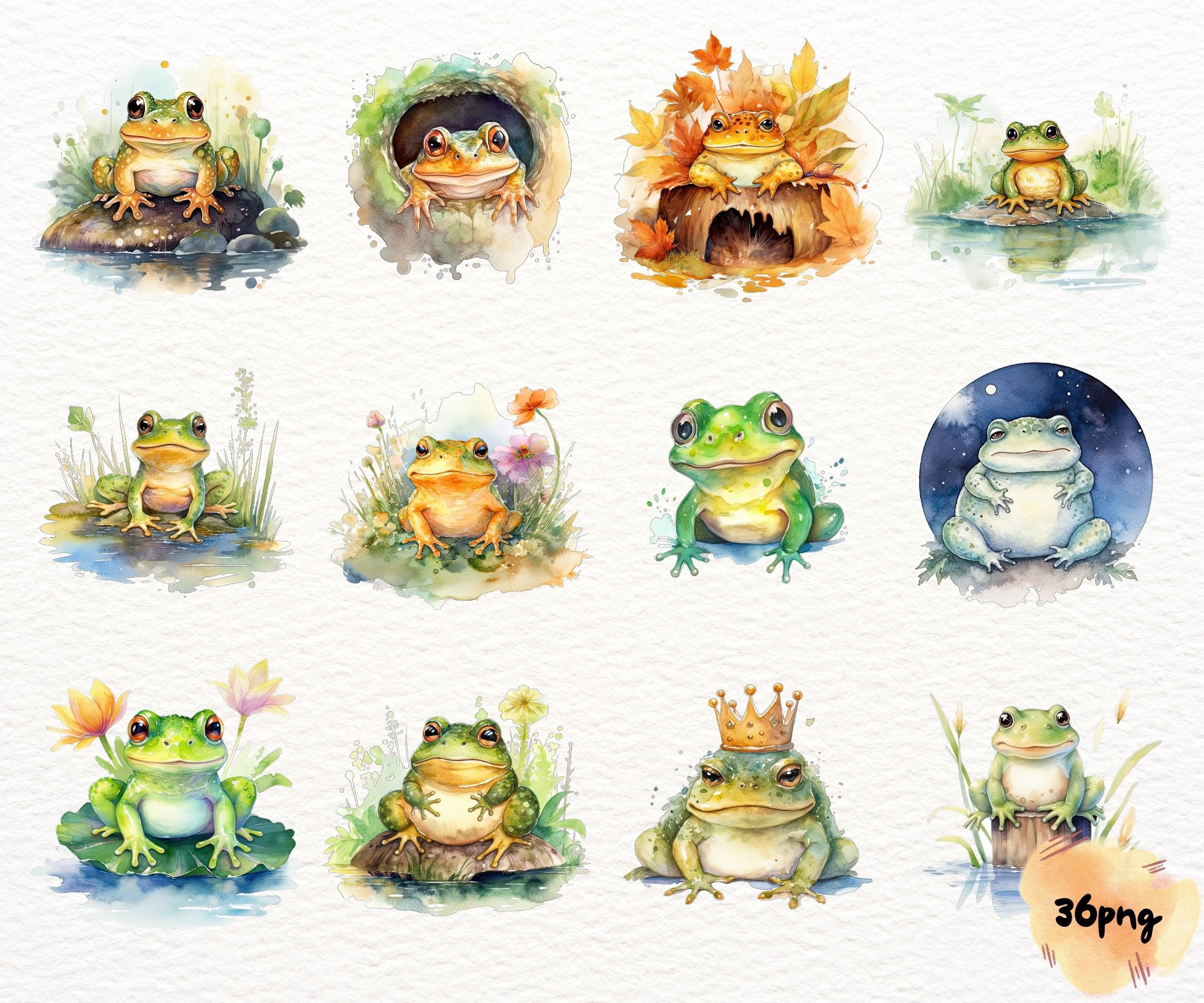 Whimsical Frog Clipart - Watercolor Baby Frogs PNG, Cute Amphibian ...