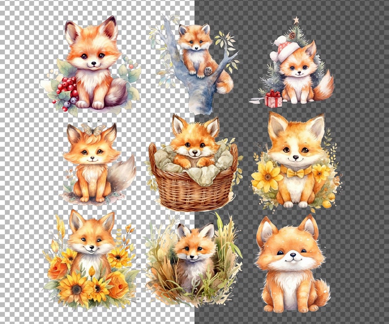 Chubby Foxes Watercolor Clipart Cute Kawaii Cartoon Foxes, Baby Foxes ...