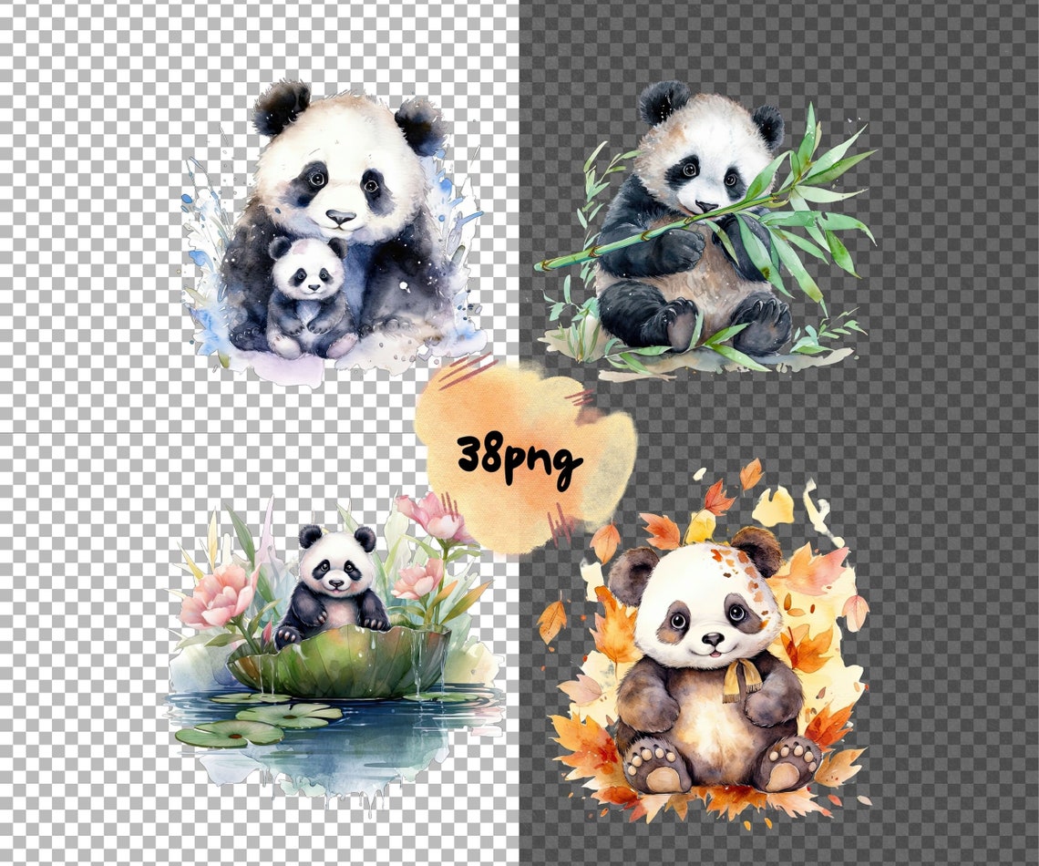 Chubby Pandas Watercolor Clipart Cute Kawaii Cartoon Pandas - Etsy