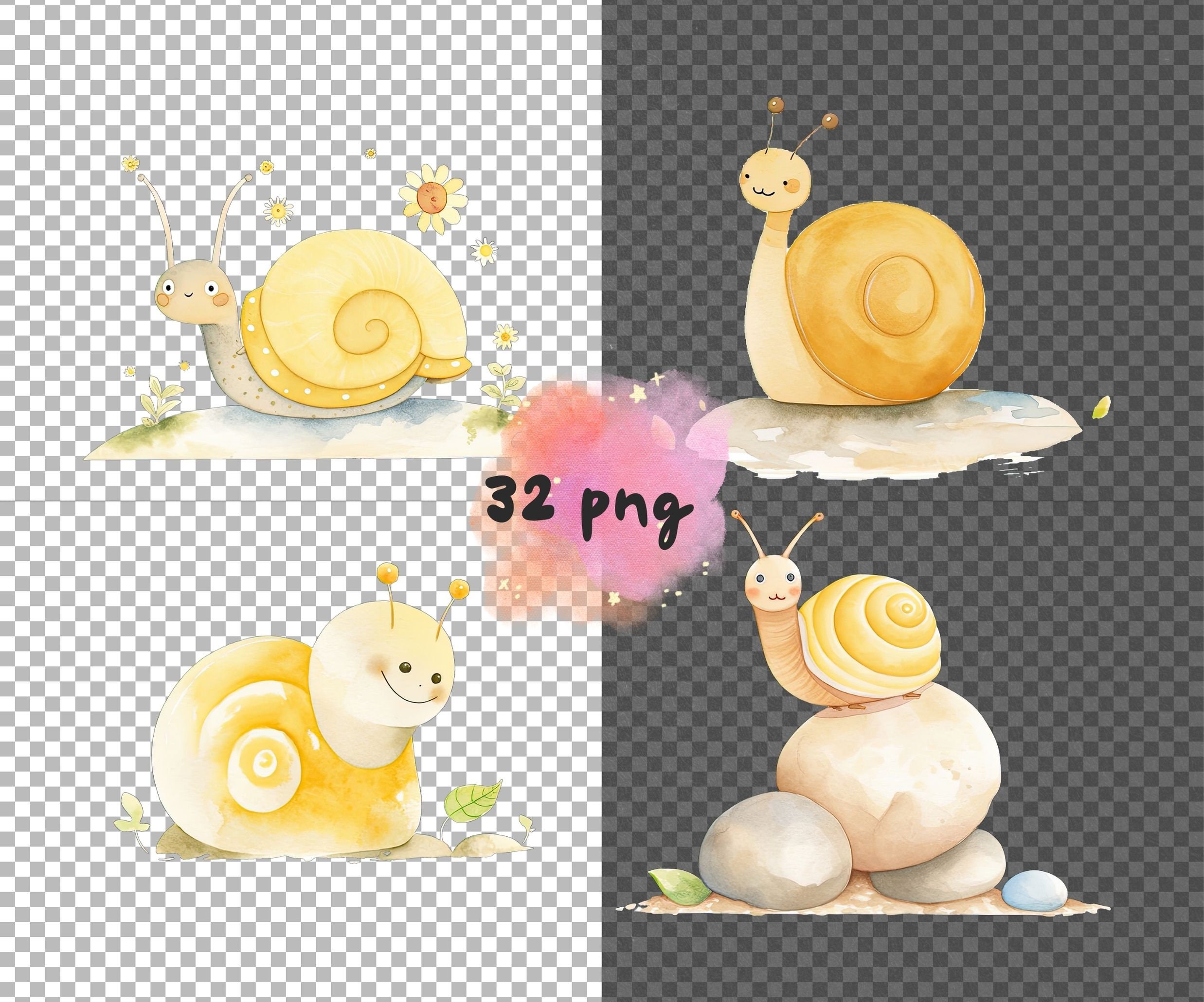 Cartoon Snails Watercolor Clipart - Cute Kawaii Chubby Snails, Adorable ...