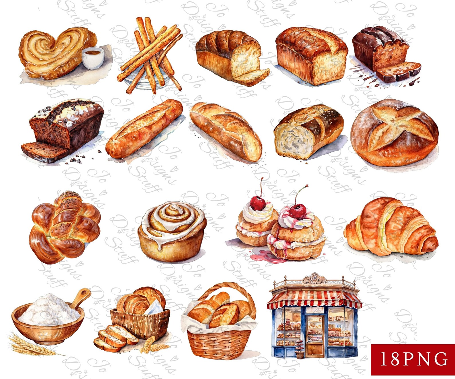 Bakery Food Clipart Collection Vintage Watercolor Pastry, Bread ...