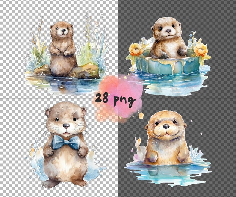 Chubby Otters Watercolor Clipart Cute Kawaii Cartoon Otters - Etsy