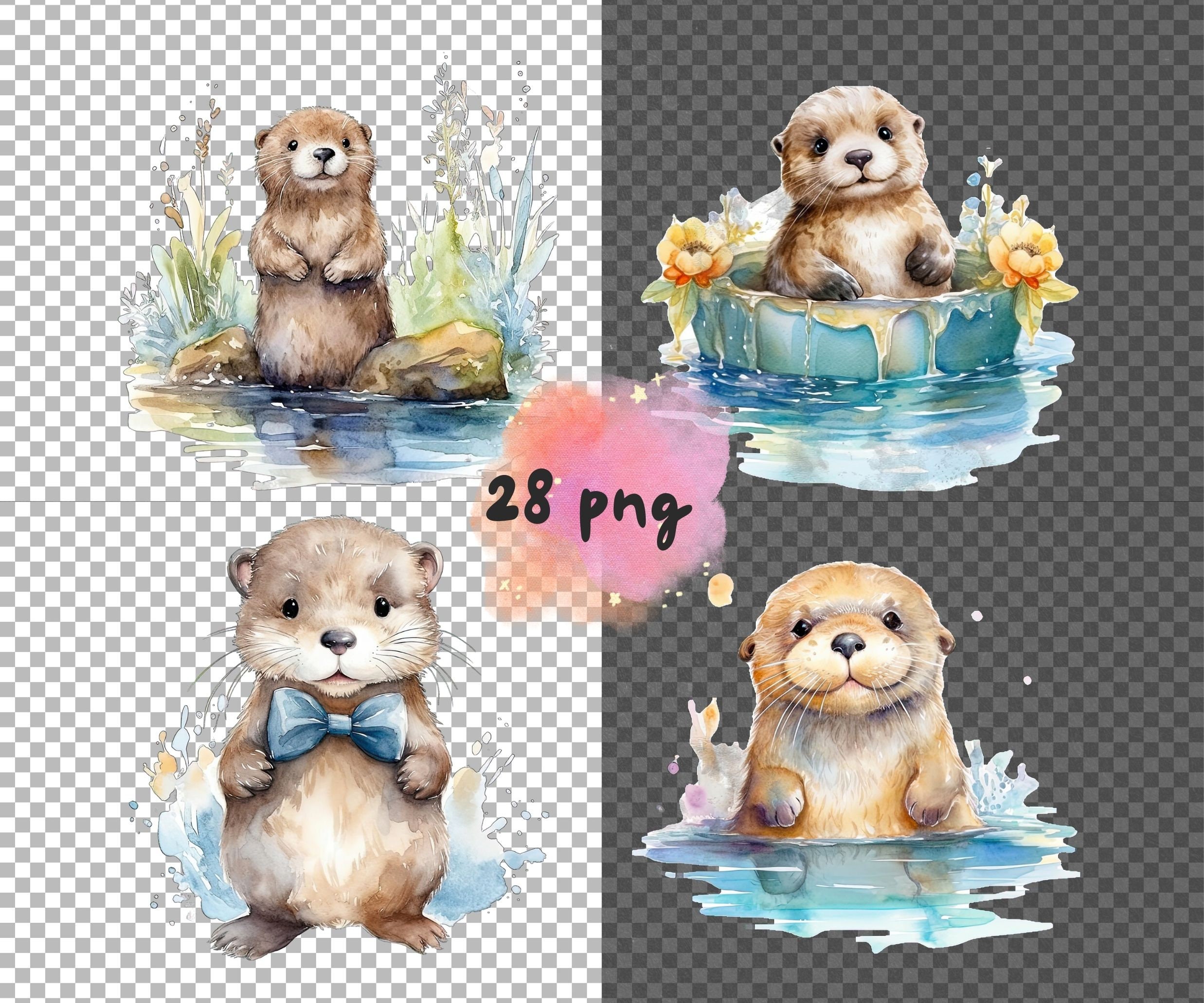 Chubby Otters Watercolor Clipart Cute Kawaii Cartoon Otters - Etsy ...
