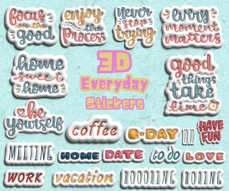 3D Inspirational Quotes Png Stickers for Digital Notebooks, 20 Colorful ...