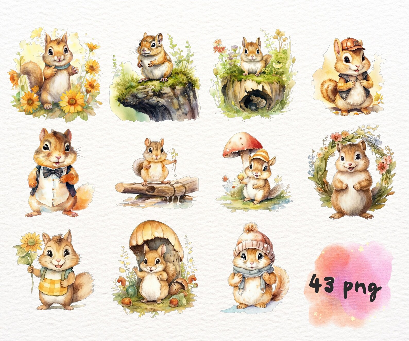 Chubby Chipmunk Watercolor Clipart - Cute Kawaii Cartoon Chipmunks ...