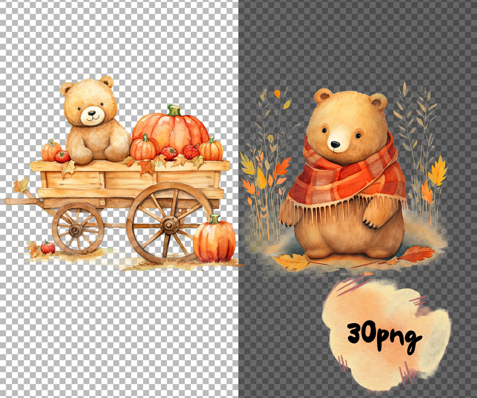 Autumn Bear Clipart, Kawaii Cartoon Cuddly Bear With Fall Leaves, Cute ...