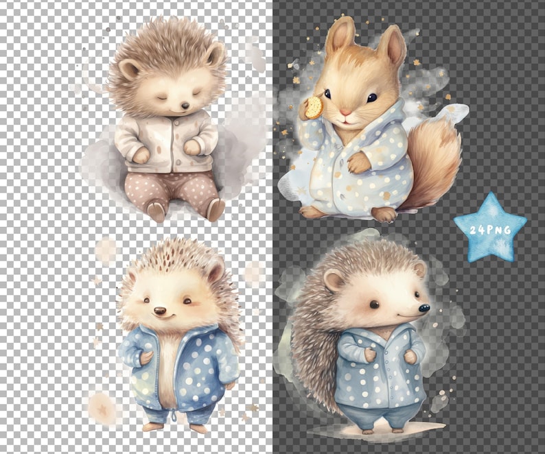Watercolor Baby Animals in Pajamas Clipart, Chubby Cute Animal Png ...