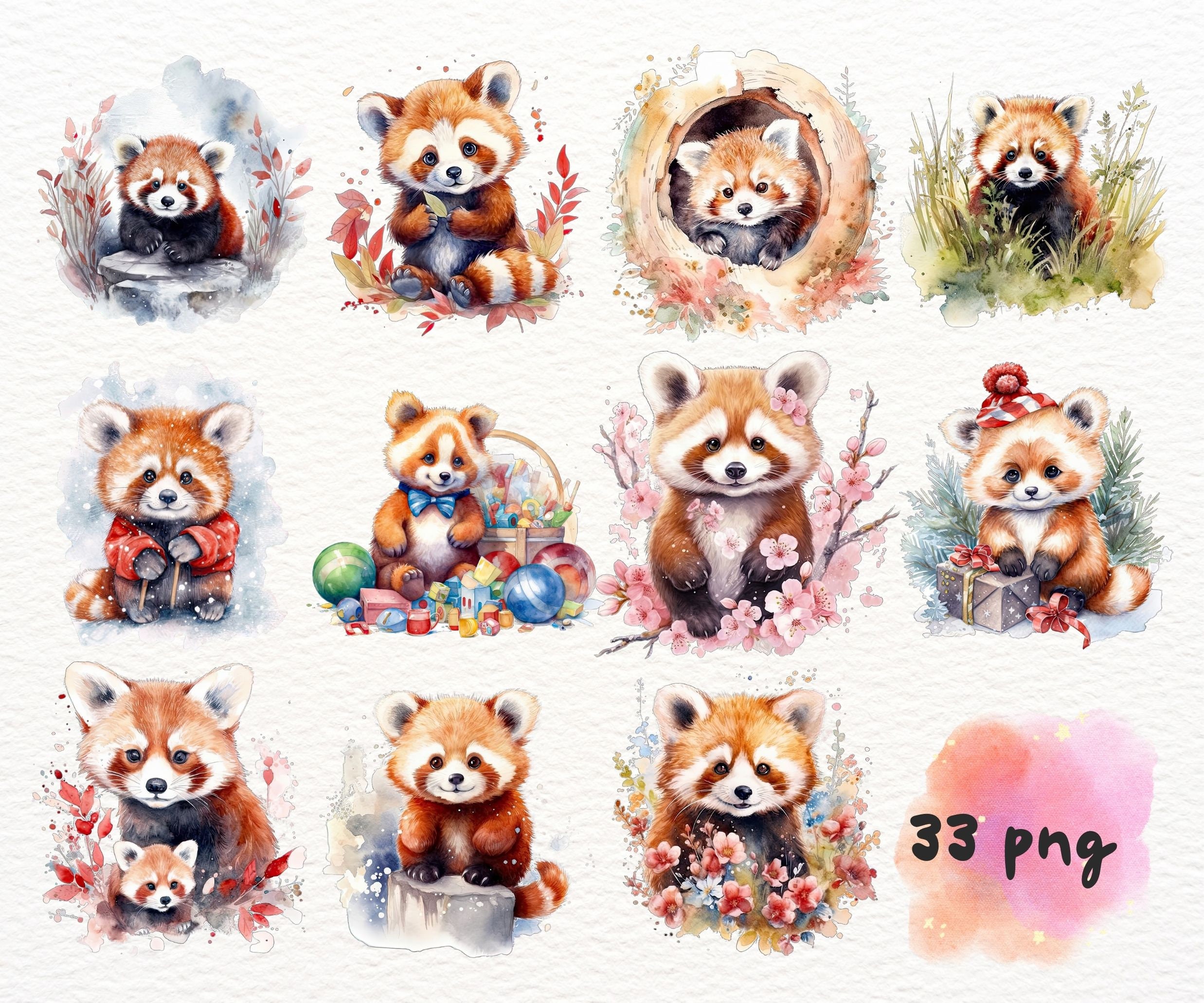 Chubby Red Pandas Watercolor Clipart Cute Kawaii Cartoon Red Pandas ...