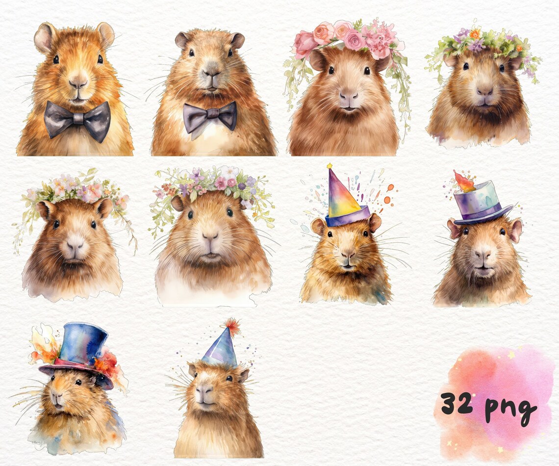Chubby Capybaras Watercolor Clipart Cute Kawaii Cartoon Capybaras, Baby ...
