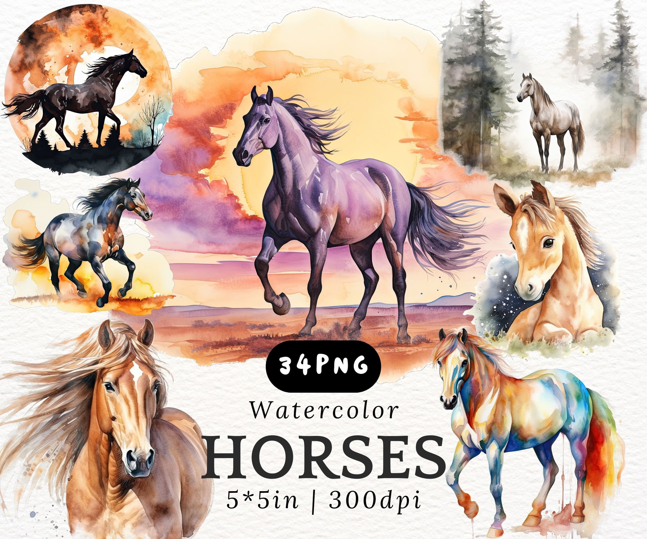 Horse Watercolor Clipart Animals in the Nature, Cute Foal Pngs Bundle ...