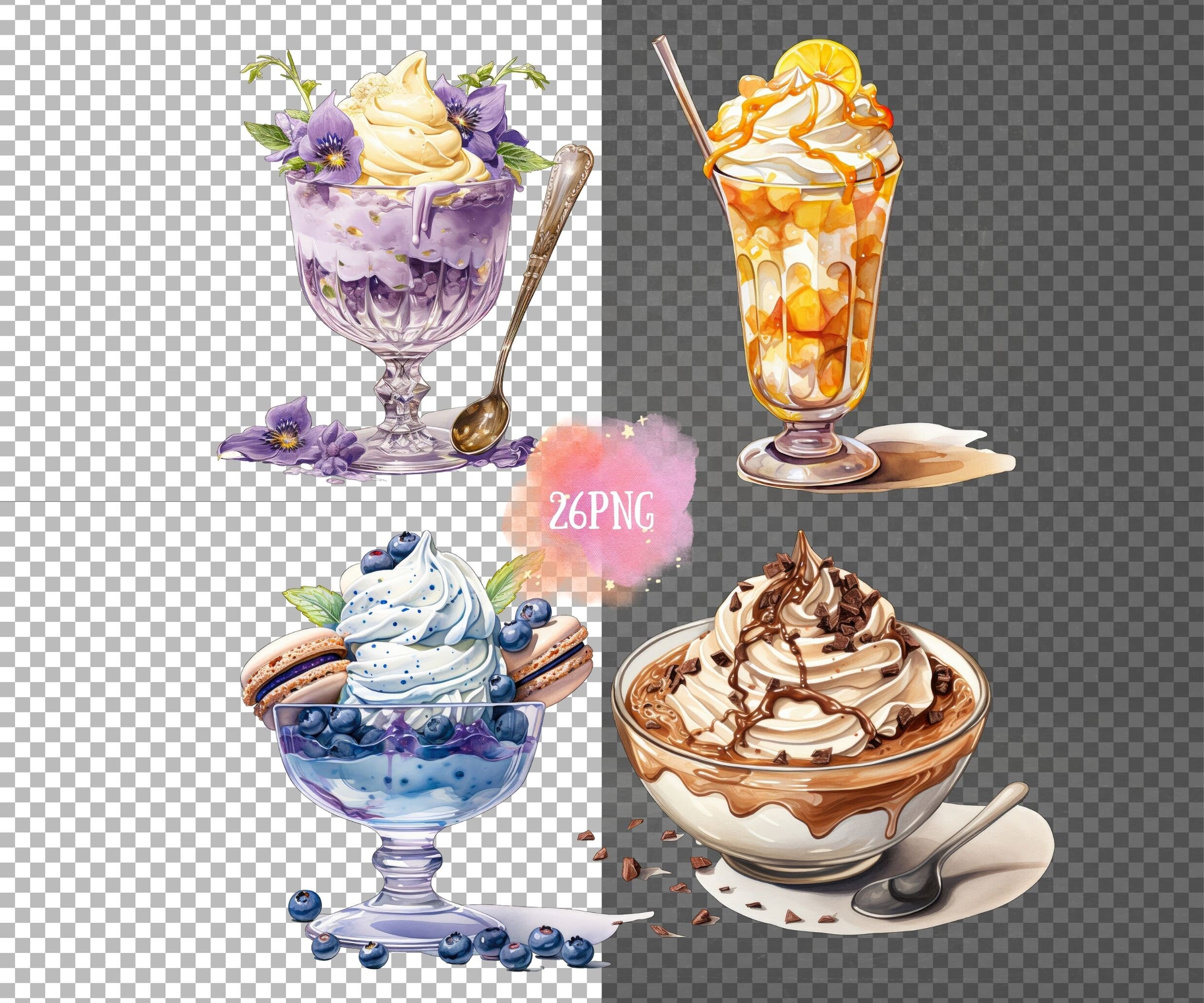 Watercolor Sundae Clipart, Colorful Elaborate Ice Cream, Summer Time ...