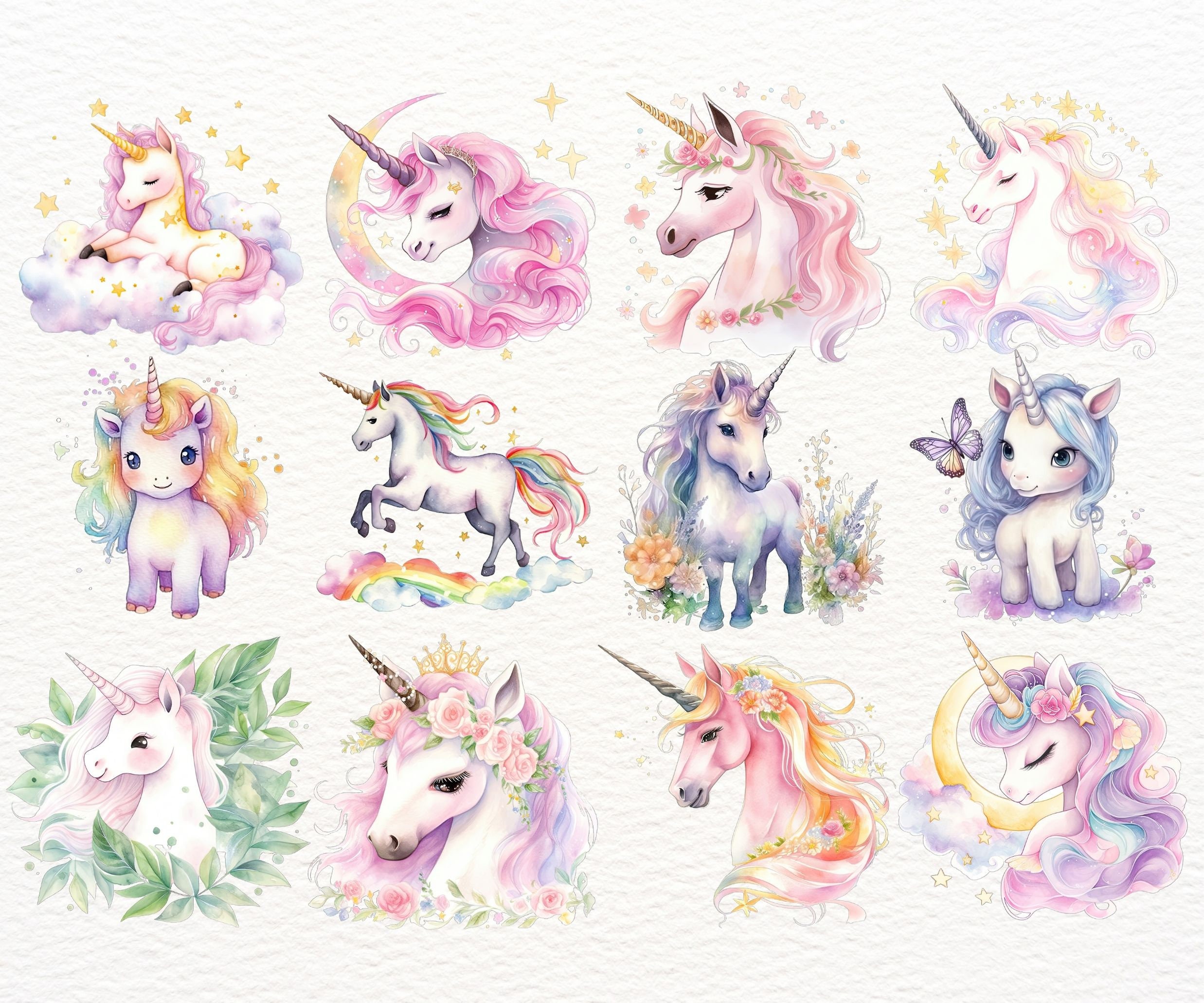 Cartoon Unicorns Watercolor Clipart Cute Kawaii Dreamy Pink Chubby ...