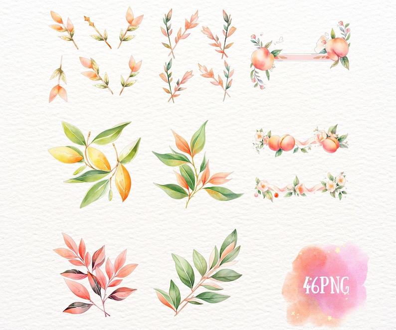 Peach Watercolor Clipart, Decorative Frame, Line, Leaf, Fruit, Divider ...