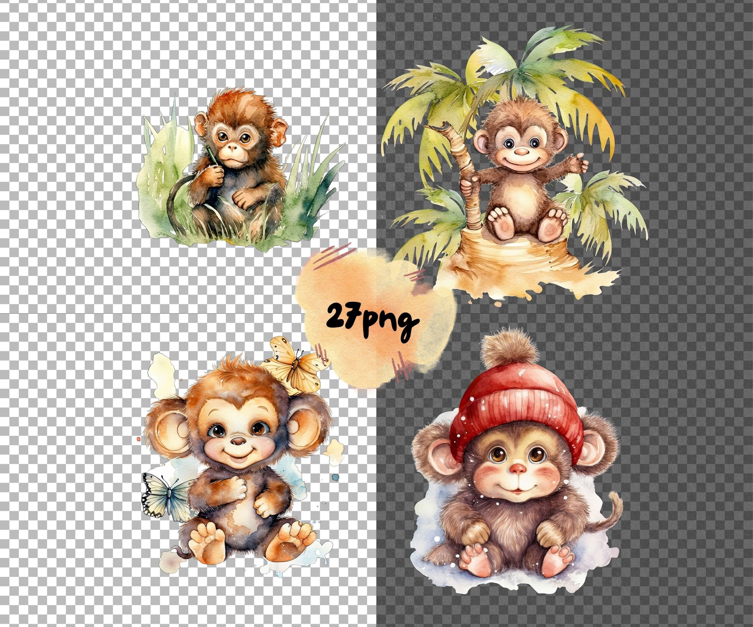Chubby Monkeys Watercolor Clipart - Cute Kawaii Cartoon Monkeys, Baby ...