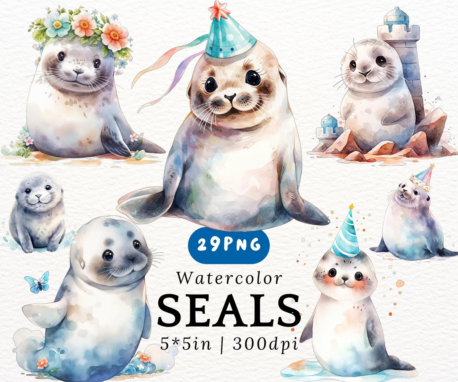 Chubby Seals Watercolor Clipart Cute Kawaii Cartoon Pinnipeds, Baby Sea ...