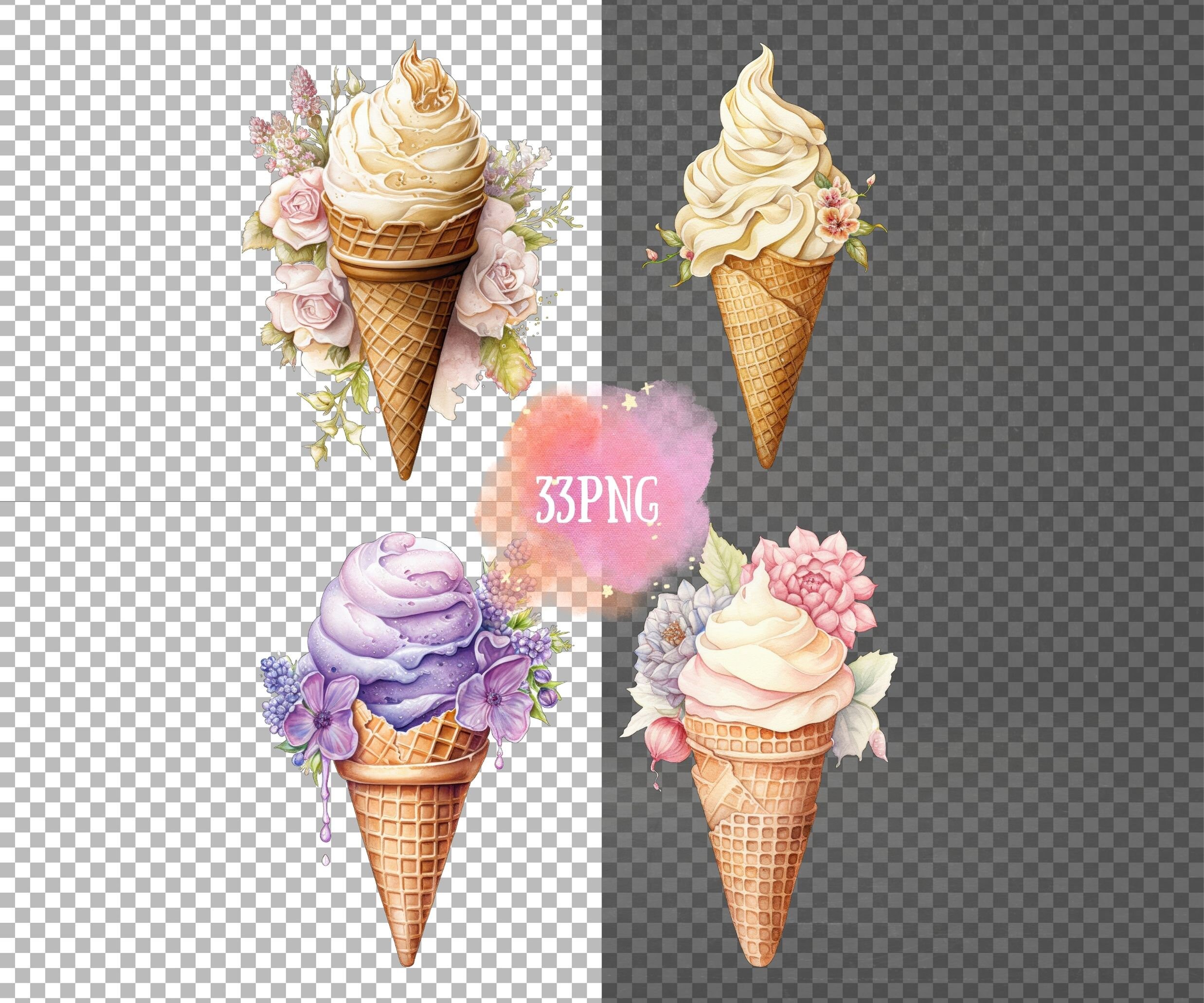 Watercolor Ice Cream Cone Clipart, Ice Cream With Flowers,plants,pastel ...