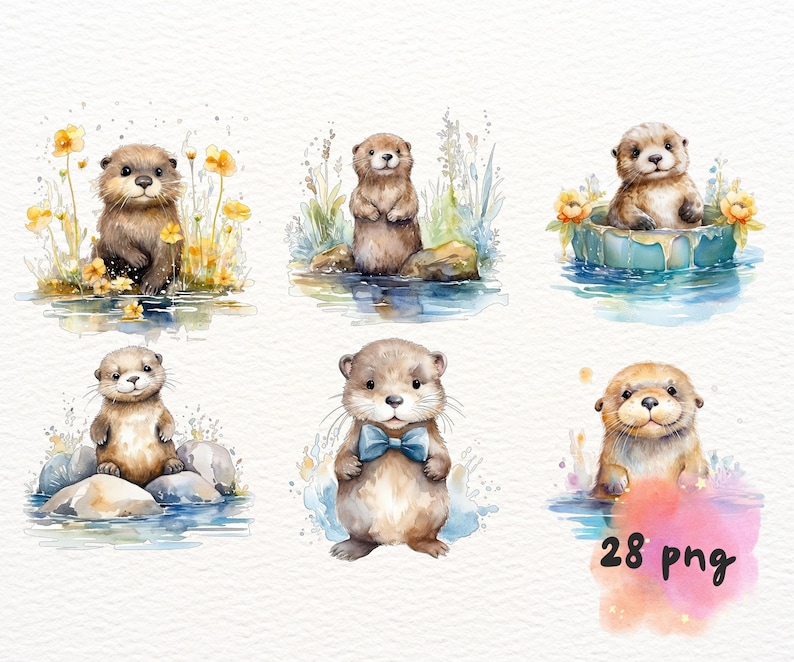 Chubby Otters Watercolor Clipart - Cute Kawaii Cartoon Otters, Baby ...