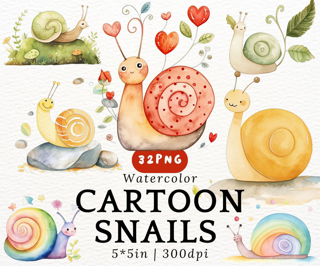 Cartoon Snails Watercolor Clipart - Cute Kawaii Chubby Snails, Adorable ...