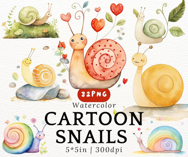 Cartoon Snails Watercolor Clipart - Cute Kawaii Chubby Snails, Adorable ...