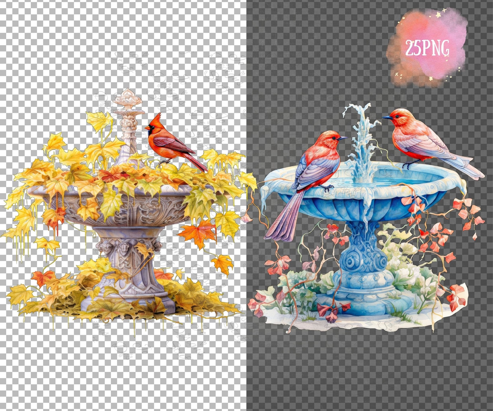 Watercolor Bird Clipart Vintage Birdbath Clipart Spring - Etsy